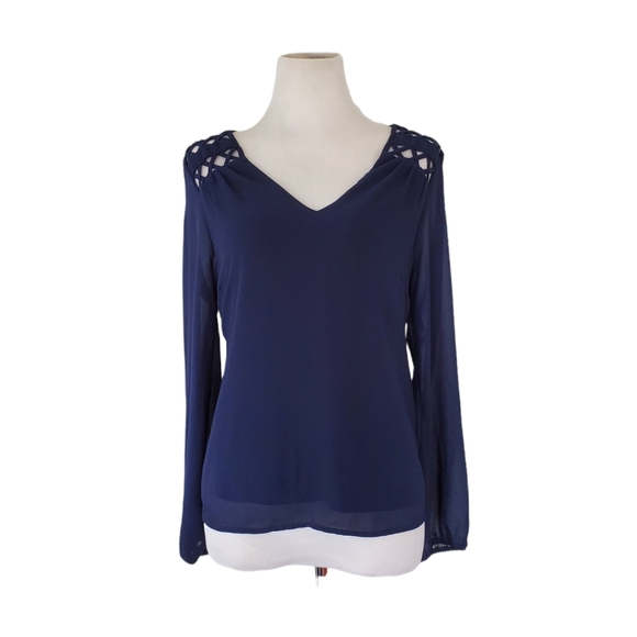 Monteau Tops Monteau Navy Blue Long Sleeve Blouse With Embellished
